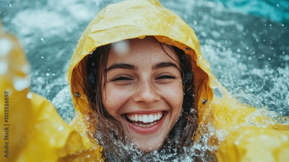 A young woman joyously laughs as she plays in the pouring rain, wearing ...