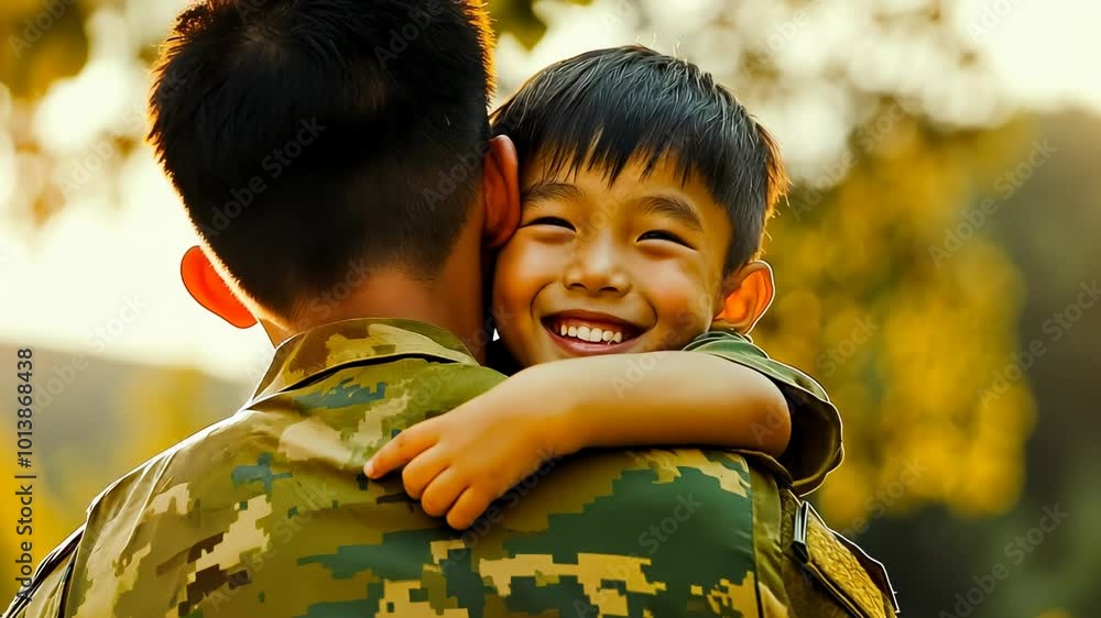 A soldier in uniform embraces a joyful young boy in a warm sunrise. The ...