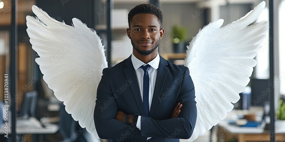 african american angel executive wearing business suit and angel wings ...