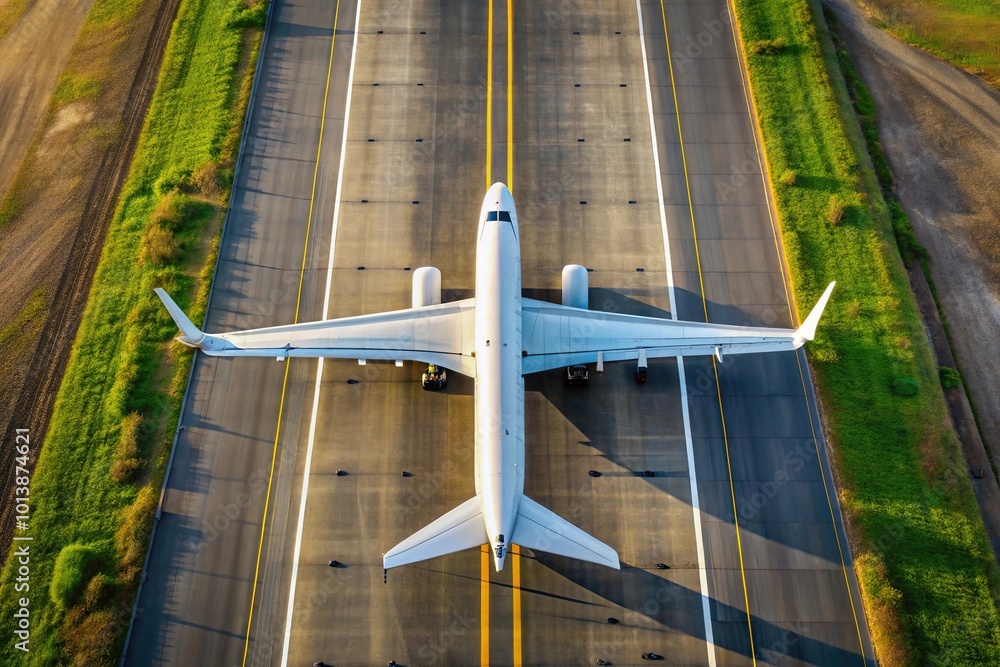 Birds eye view of airplane on runway at airfield with horizon in ...