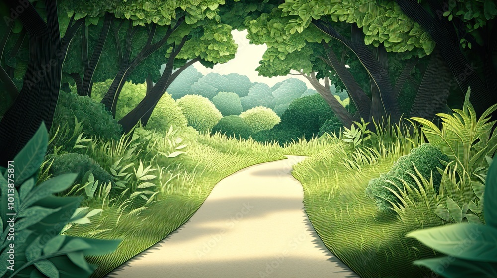 Lush green grass lines the pathway showcasing diverse grass varieties ...