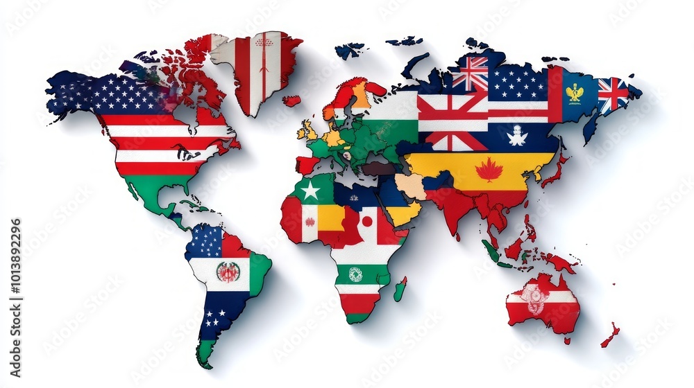A 3D world map with flags of different countries, representing global ...