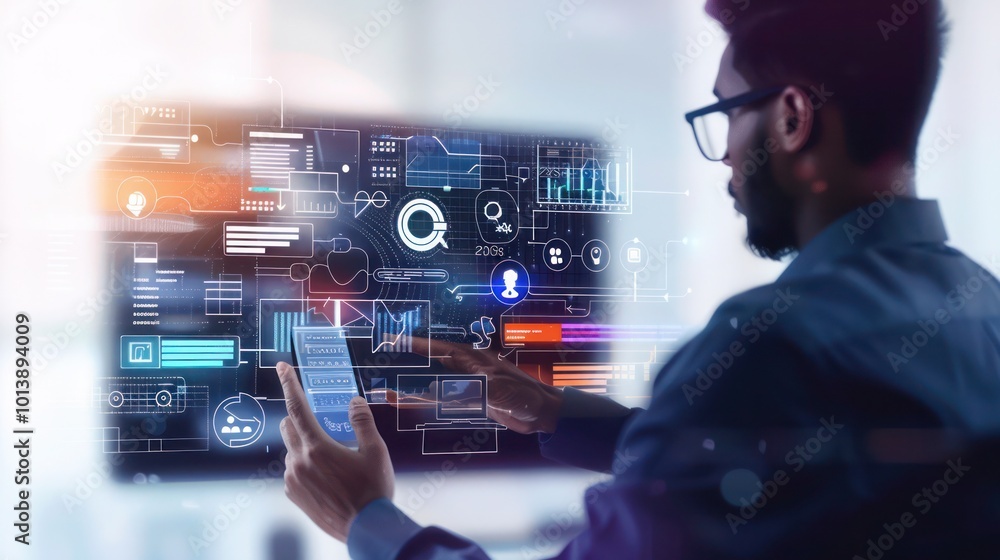 businessman managing a digital project through a virtual interface ...