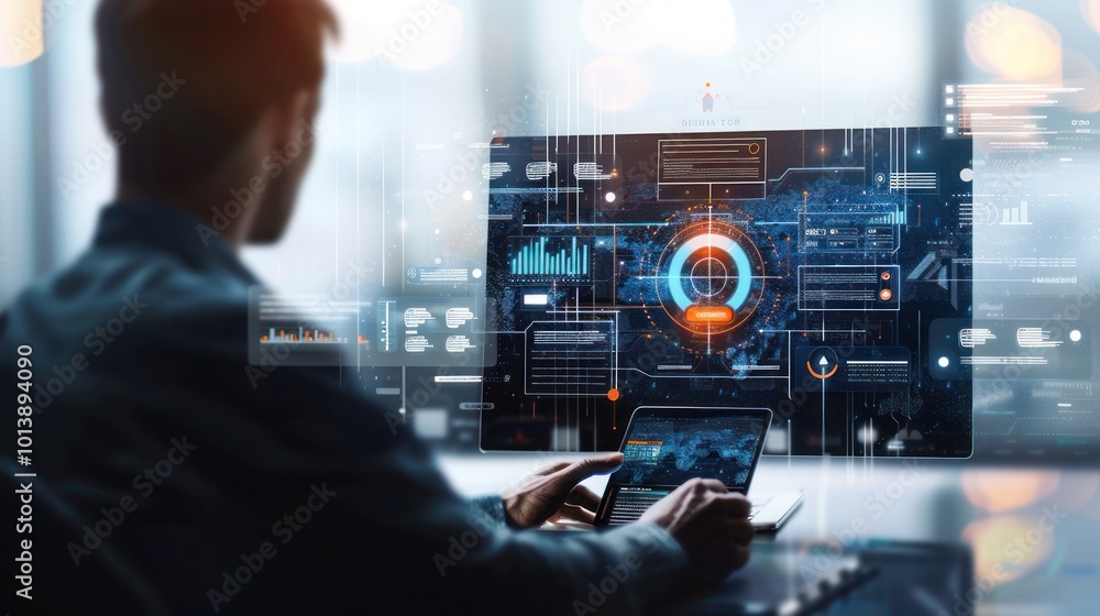 businessman managing a digital project through a virtual interface ...