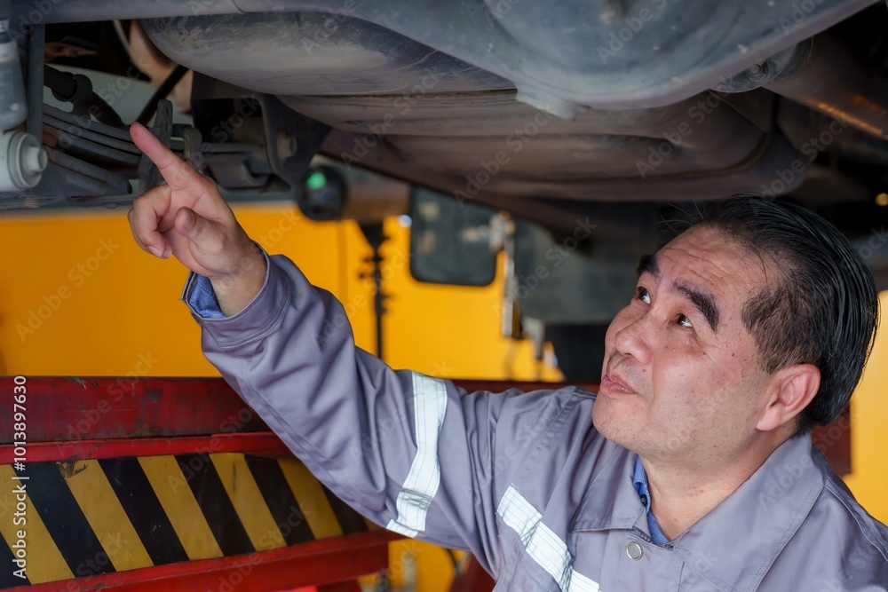 male mechanics examining the underside of vehicle, one pointing while ...
