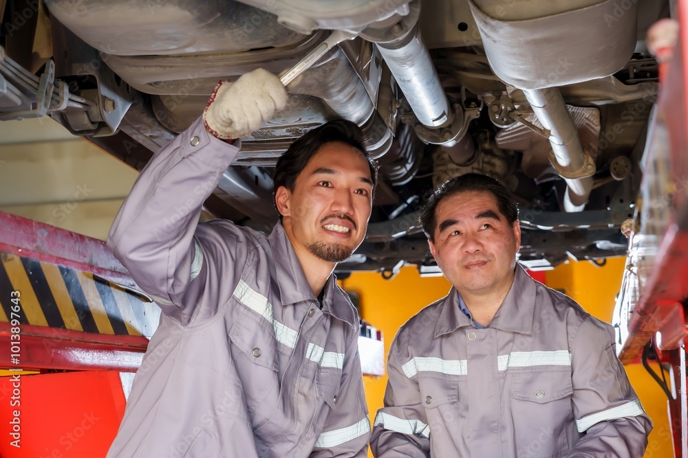 Mechanic standing under a vehicle, carefully examining the ...