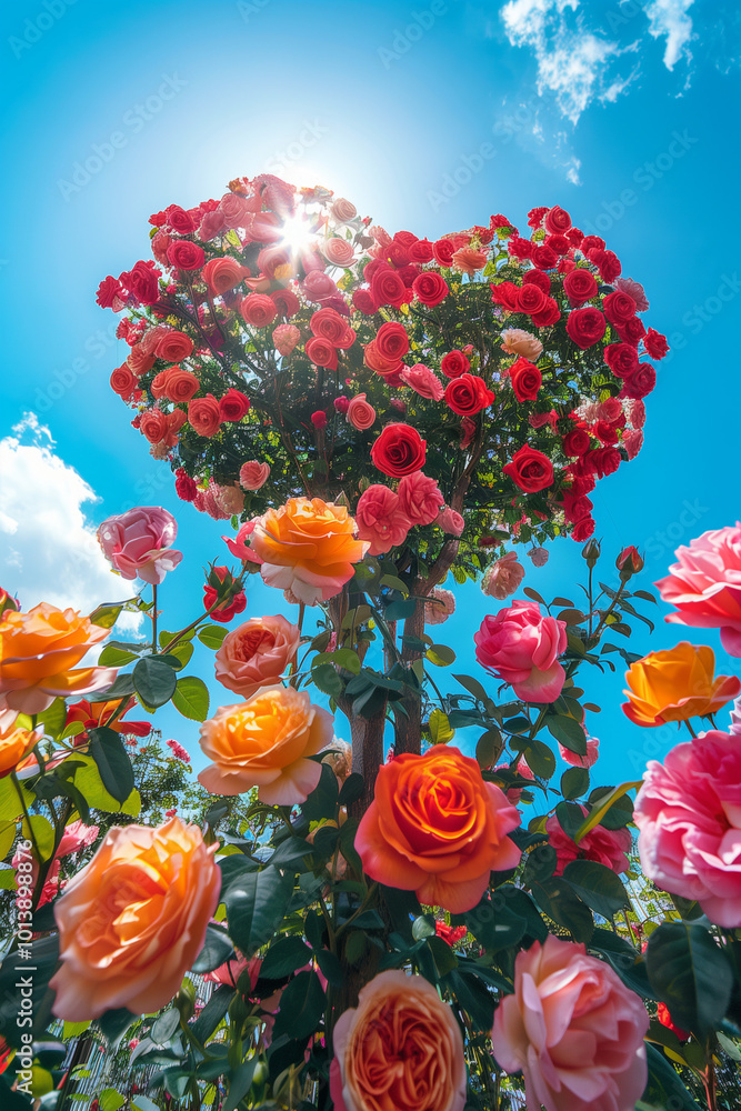 Shot of tall trees, covered with roses of various colors, a huge heart ...