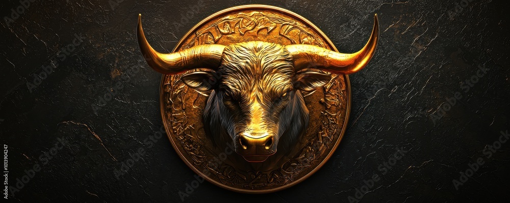 Golden Taurus zodiac sign icon with a detailed bull relief on dark ...