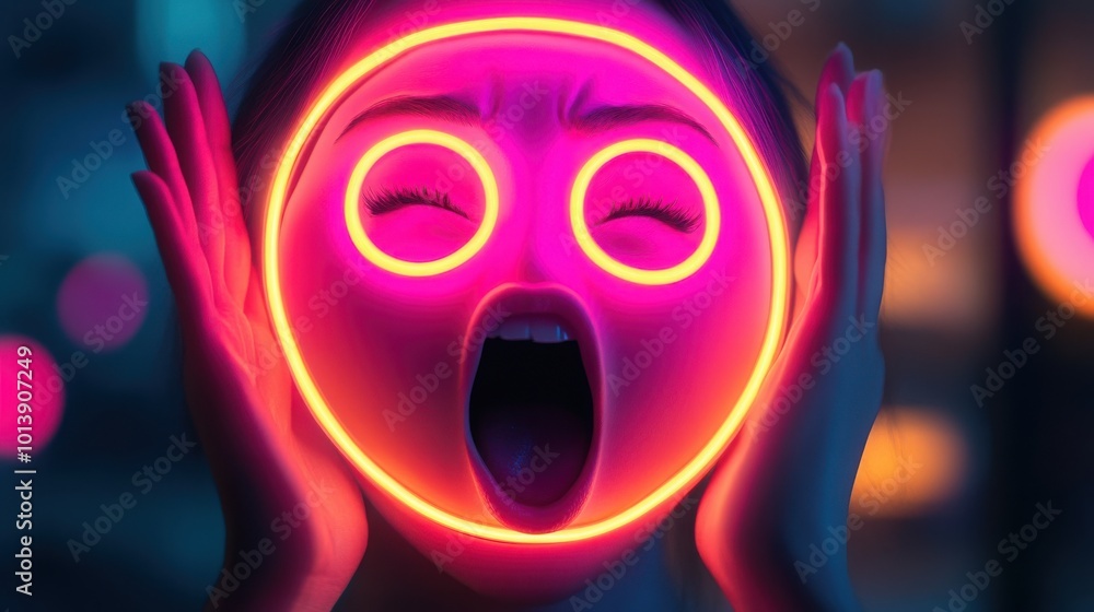 emoji with glowing neon lights, showing surprise or awe, with detailed ...