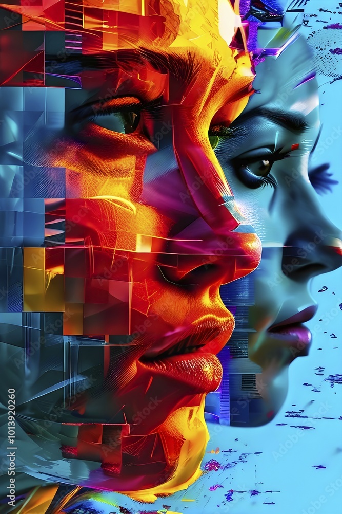 AI generated human portrait transitioning from lifelike human to a ...