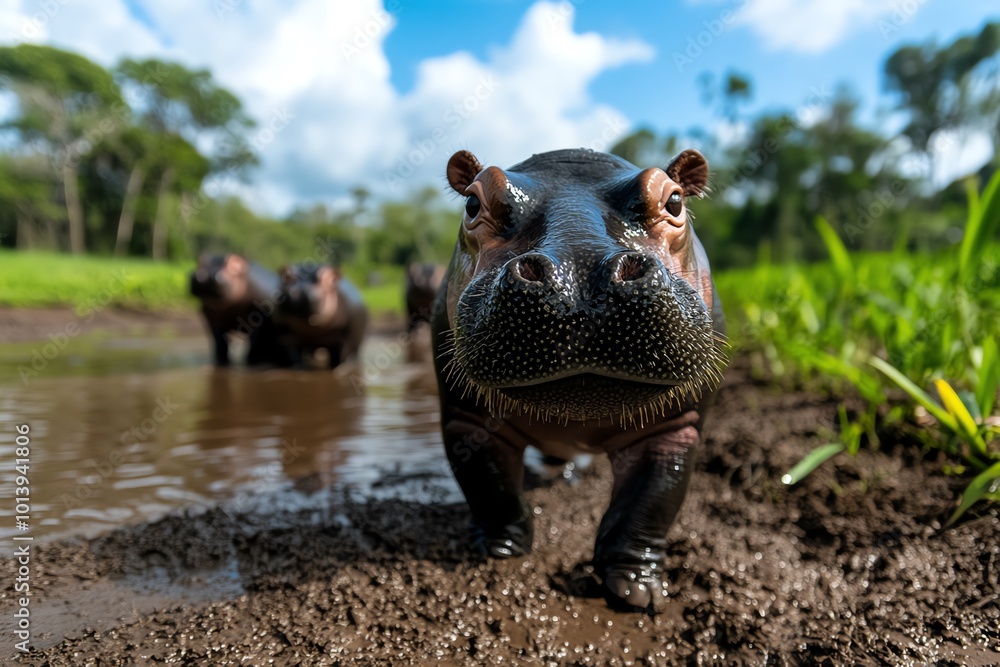 Pygmy Hippopotamus emerging from the water, droplets glistening on its ...