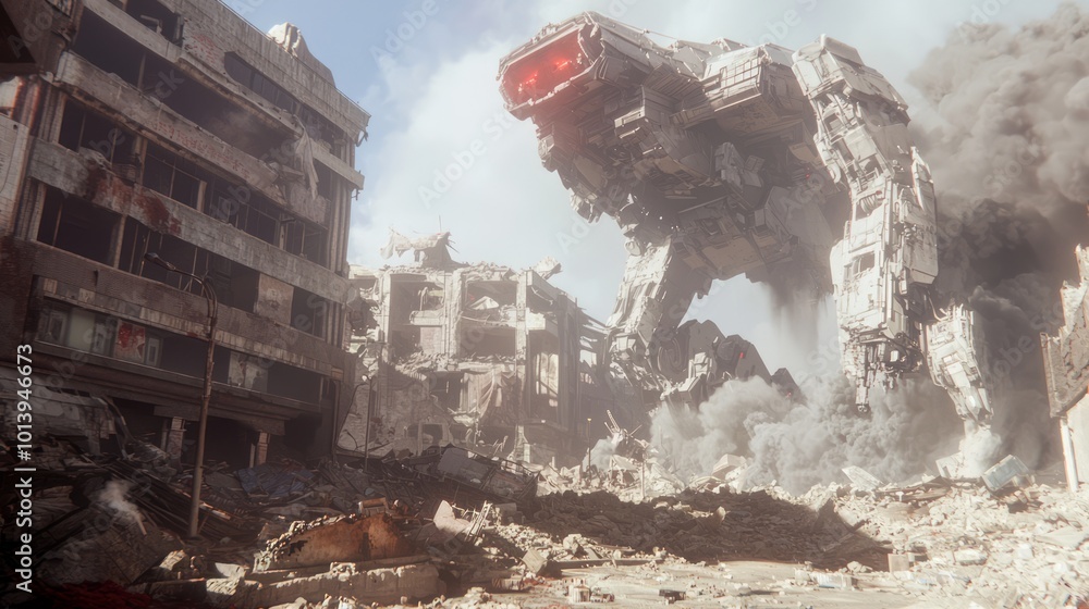 Dystopian Future: War-Torn Cityscape with Hostile AI War Machine ...