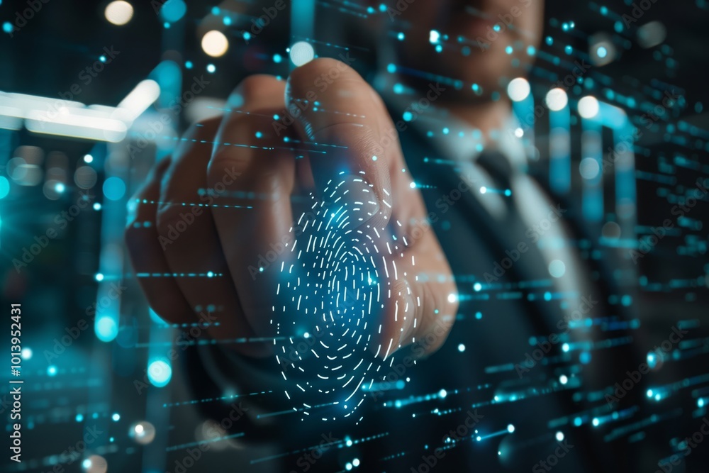 A person interacts with a digital fingerprint scanner in a high-tech ...