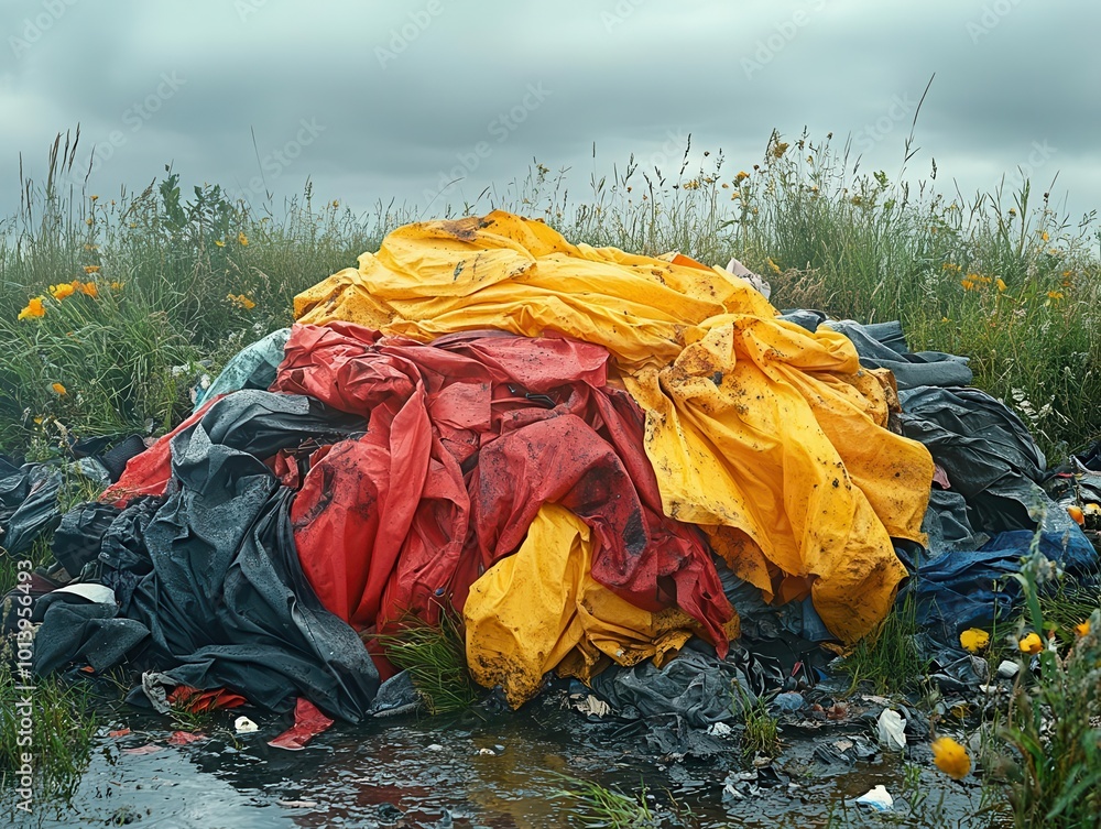 a striking image of discarded clothes scattered in a landfill ...