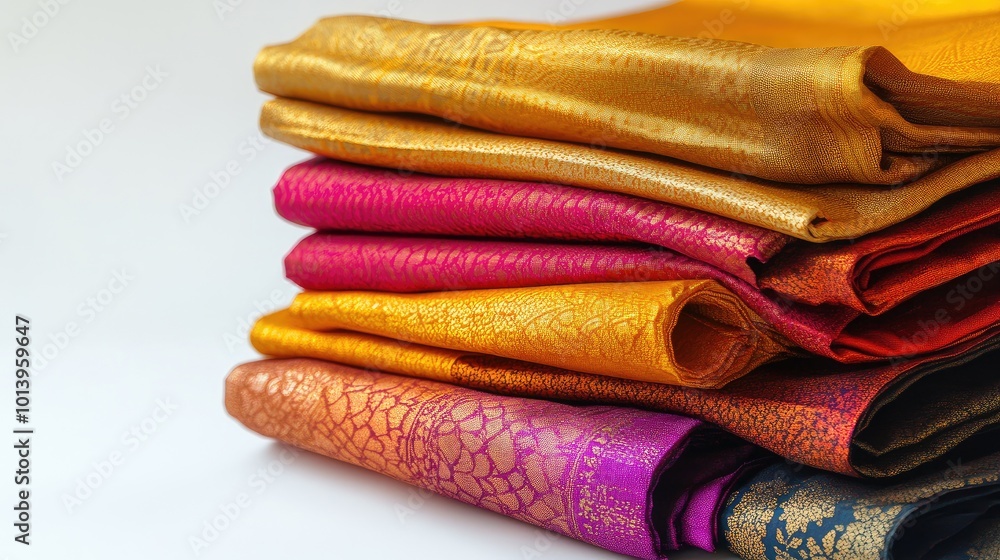 A richly colored sari folded in layers, placed on a plain white ...