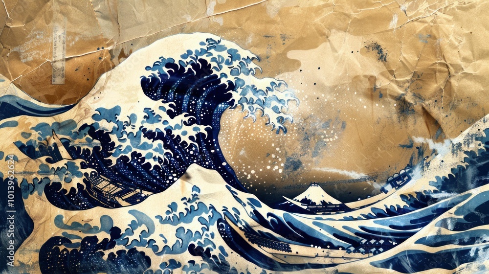 Japanese waves, ocean, traditional art, blue and beige colors, nature ...