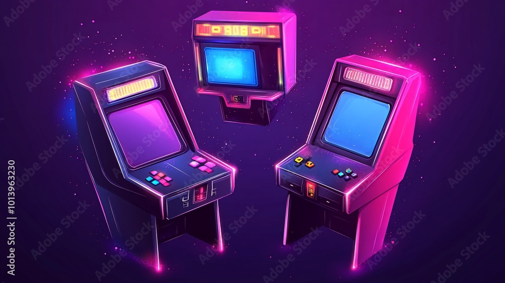 Three retro arcade game machines with glowing screens and buttons on a ...