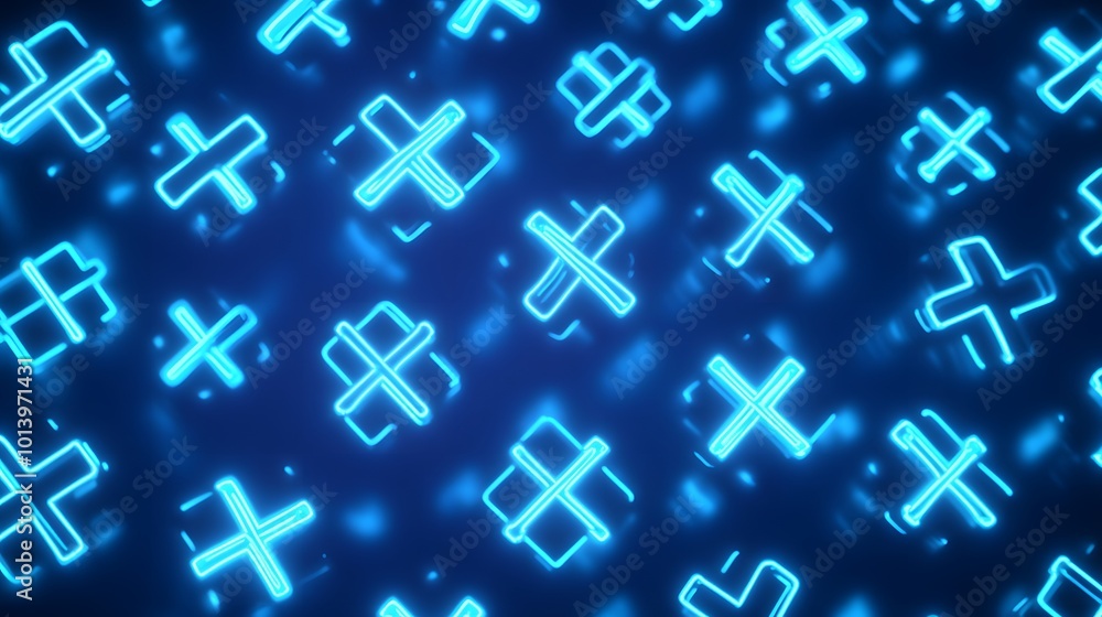 Medical health background with blue cross neon light shapes in a ...