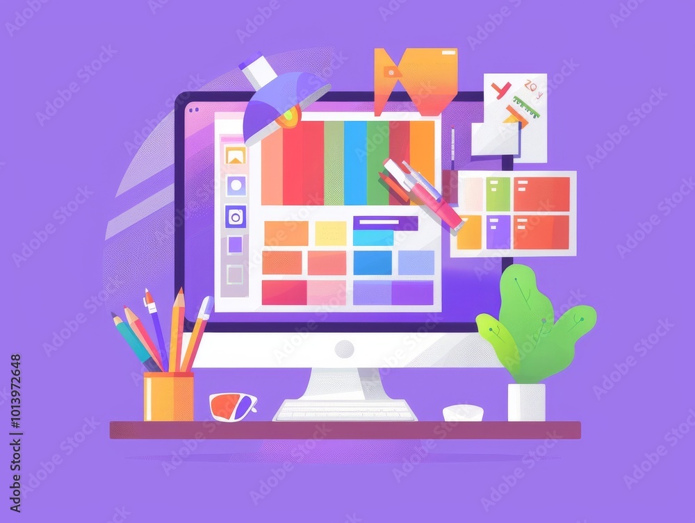 A computer is illustrated with color palettes and design tools floating ...