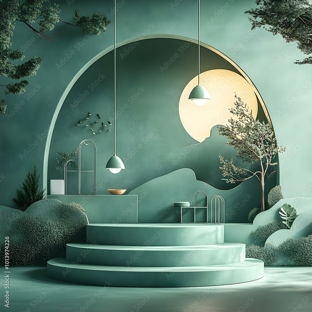 Futuristic 3D studio environment featuring an olive green gradient ...