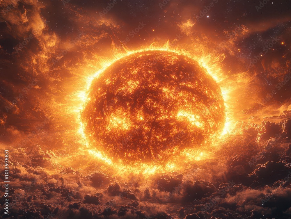 celestial depiction of the sun in space radiating warm light through a ...
