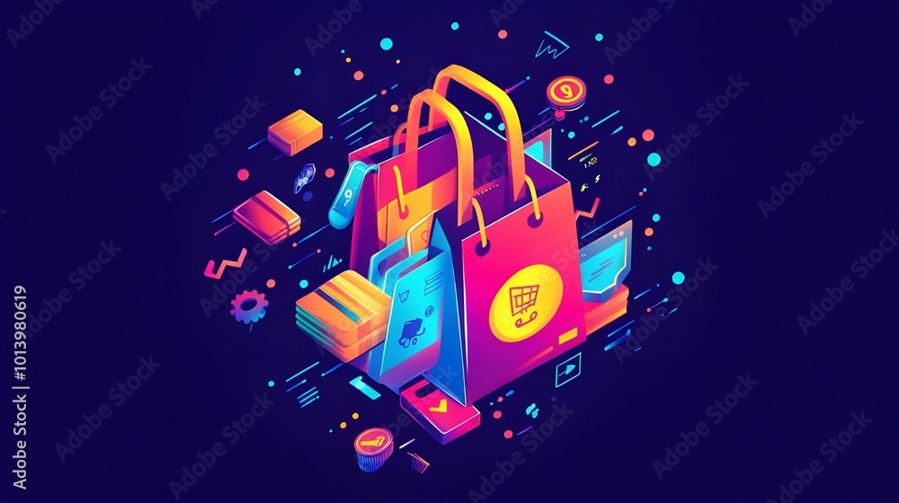 Digital shopping bag with various items, representing online shopping ...