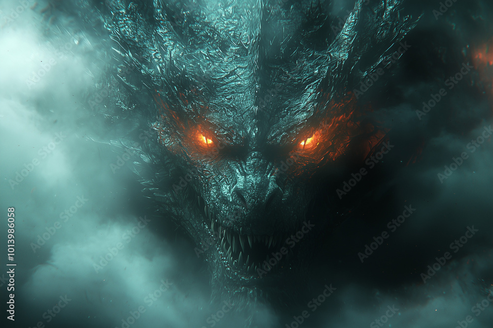 angry black dragon with fierce glowing red eyes emerging from smoky ...