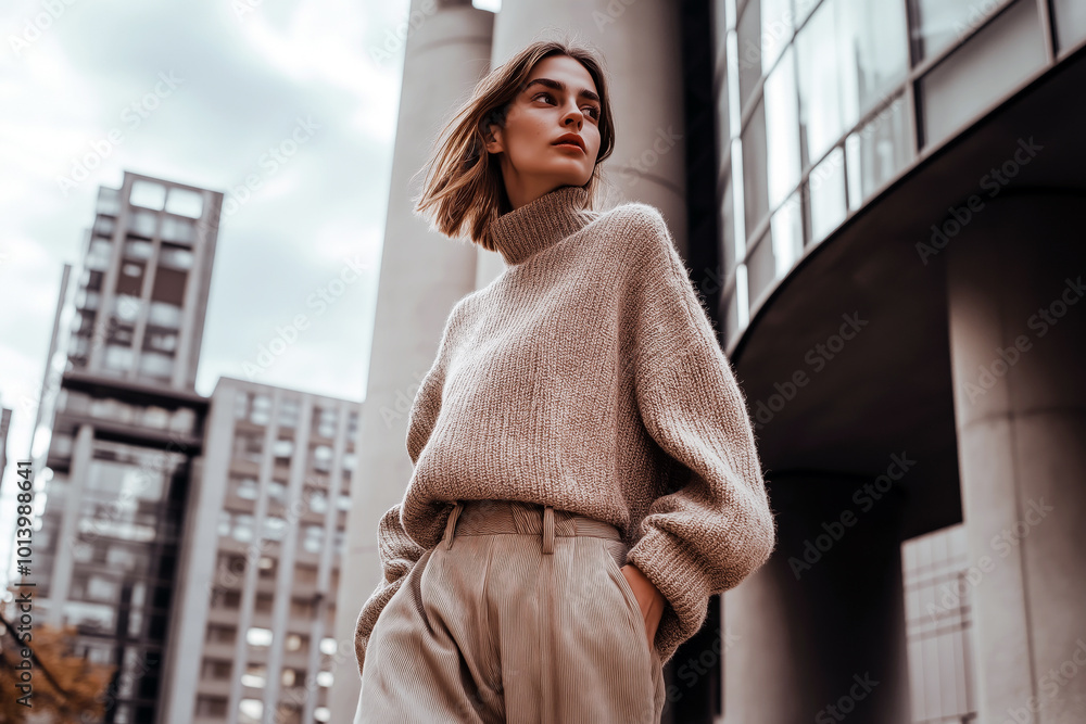 Young woman in an oversized sweater and wide trousers walking through ...