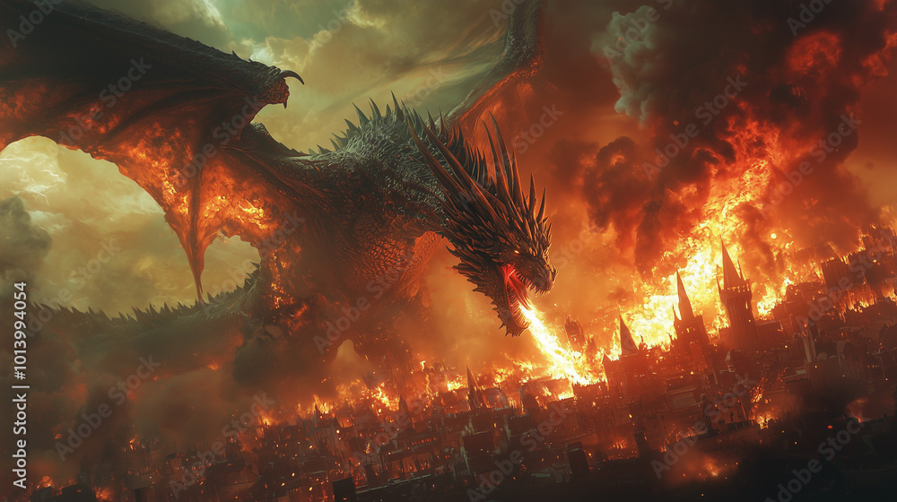 mighty red dragon breathing fire over a devastated cityscape as clouds ...