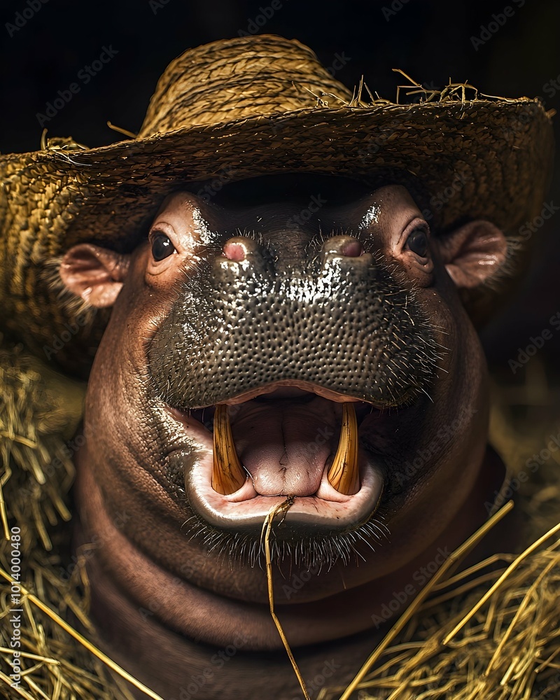 Funny Pygmy Hippopotamus Wearing Straw Hat, Portrait of Smiling Pygmy ...
