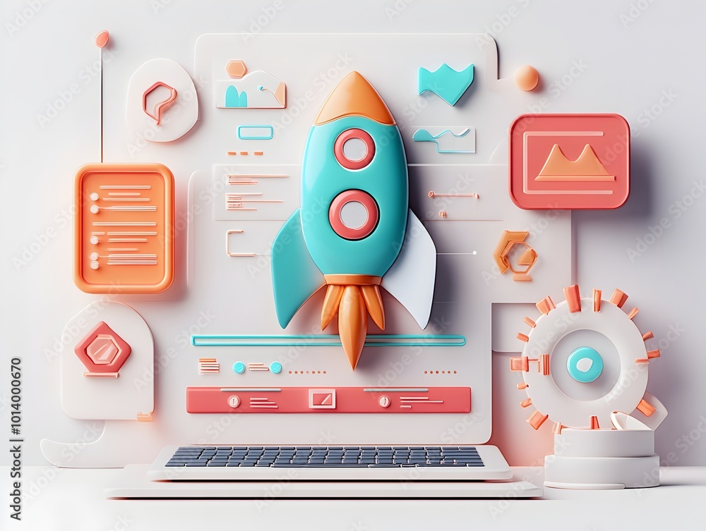 Futuristic 3D Rendered Startup Scene Featuring a High Tech Laptop Bold ...