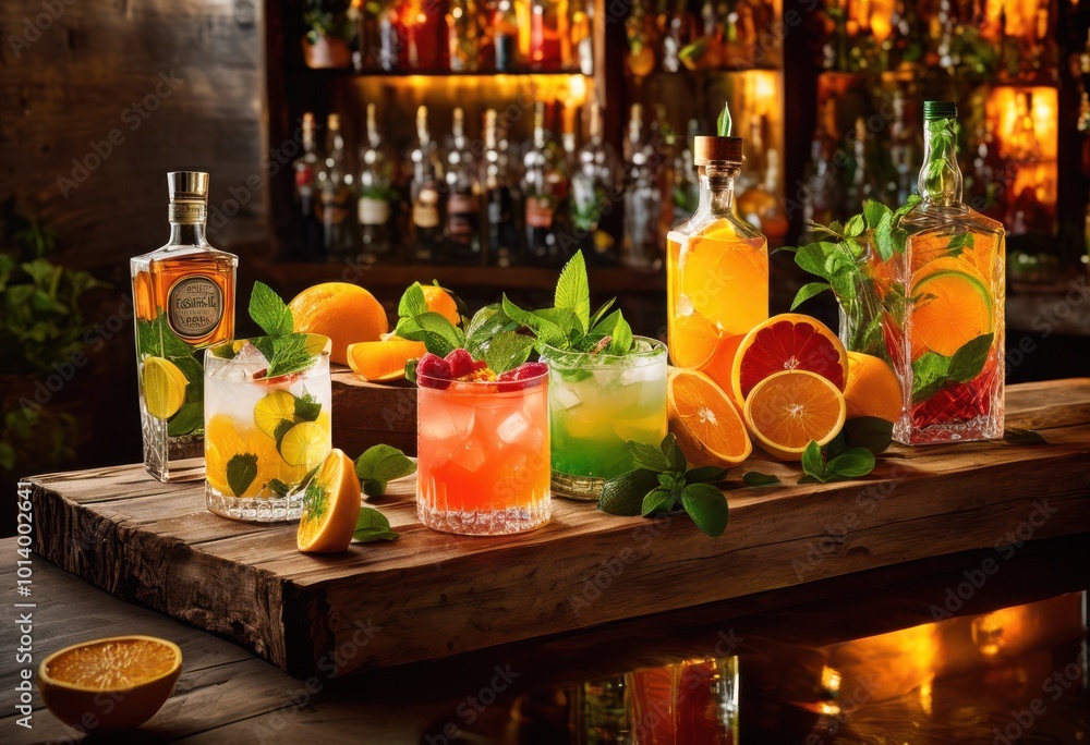 colorful display cocktail ingredients rustic wooden bar creating visual ...