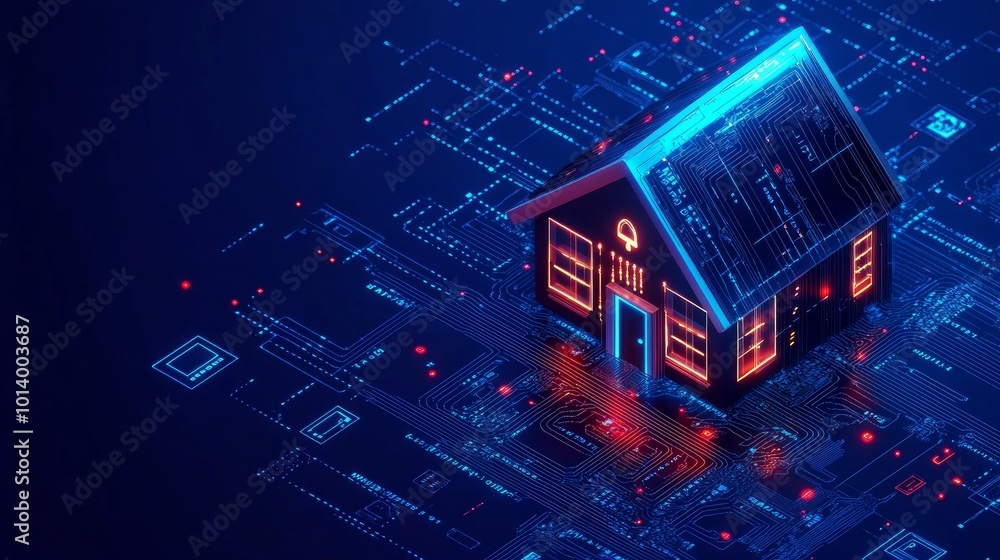 Smart home security system concept A 3D isometric house with digitized ...