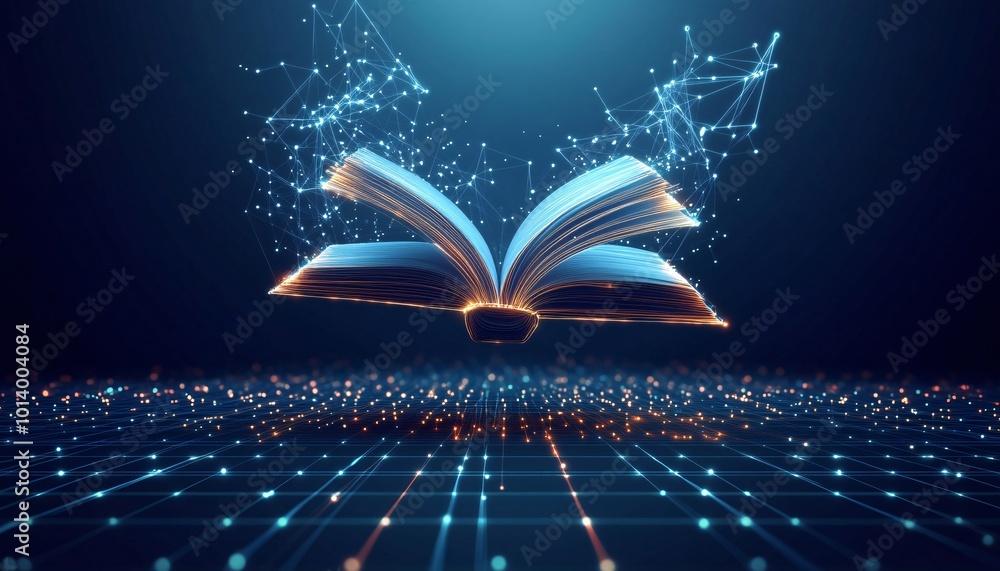 Futuristic digital representation of an open book symbolizing the ...