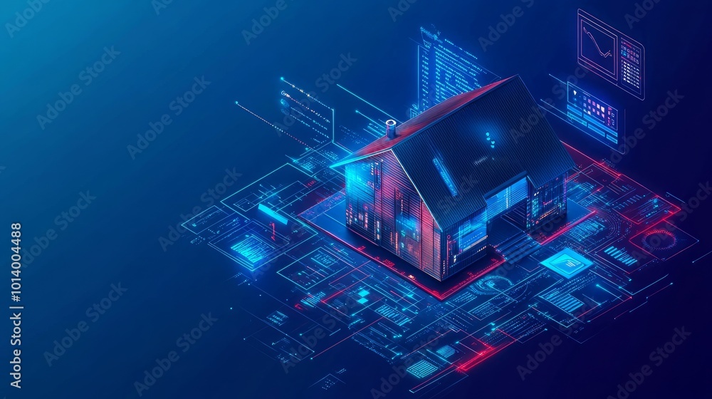 Smart home system banner Home design made up of digital codes connected ...