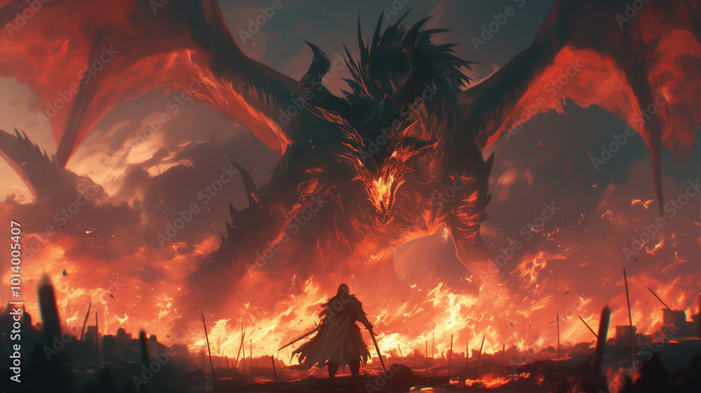 red dragon dominates the battlefield with fierce flames as warriors ...