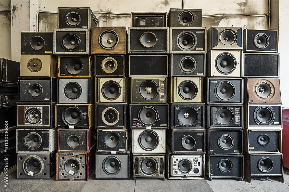 technical equipment, wall of old speakers were stacked high, various ...