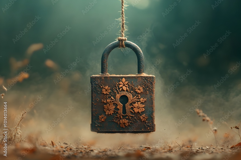 Ornate iron padlock drifting within a gauzy ephemeral shroud of mist ...