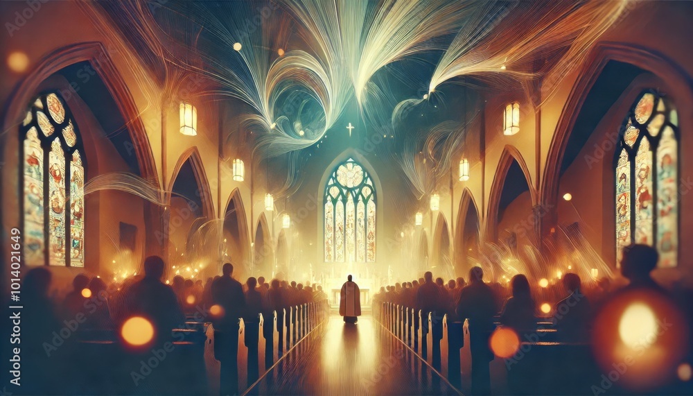 Catholic night scene with prayer and mass in the church. Abstract ...