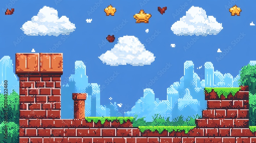 Pixel art game retro 8-bit video game interface background with classic ...