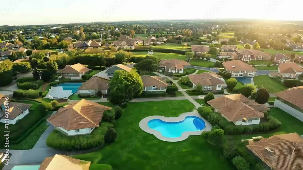 breathtaking suburban landscape highlighting green spaces pools houses ...