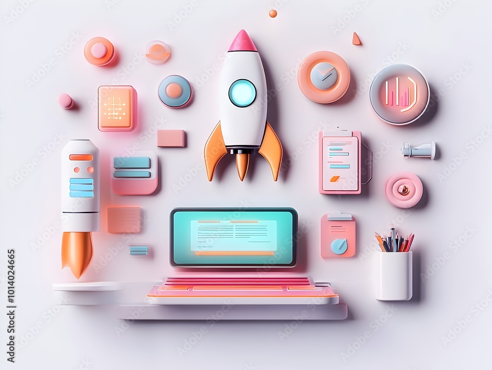 Futuristic 3D rendered visualization of a dynamic startup workspace ...