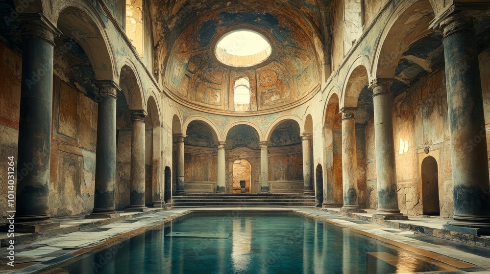 The interior of an ancient Roman bathhouse, with a pool in the center ...