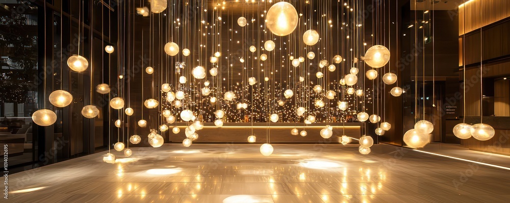 A stylish boutique hotel lobby with an art installation of floating ...