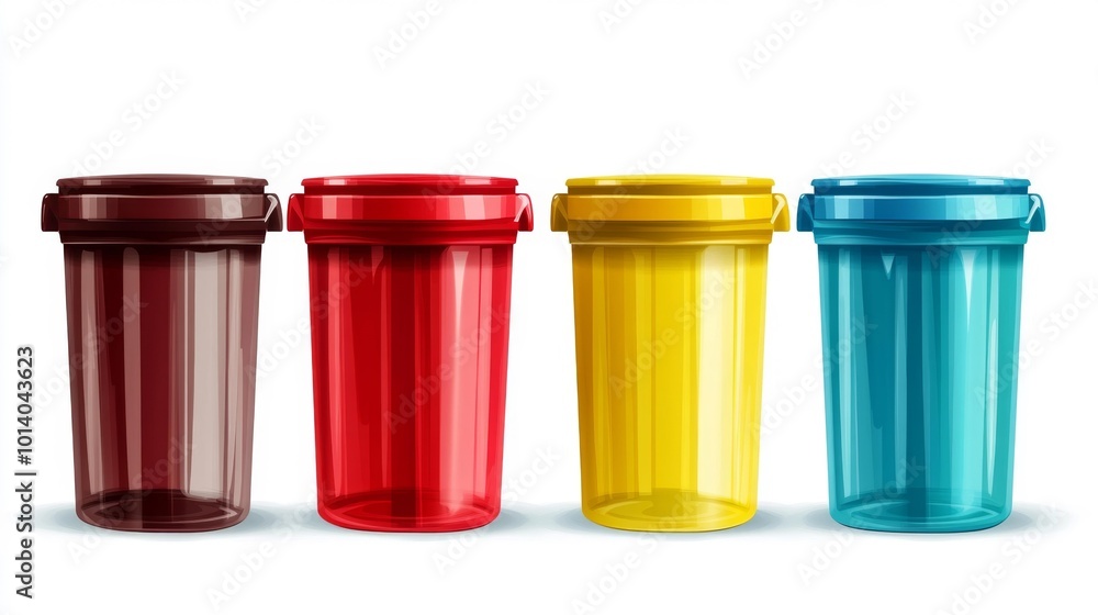 Colorful sharps disposal containers isolated on a white background ...