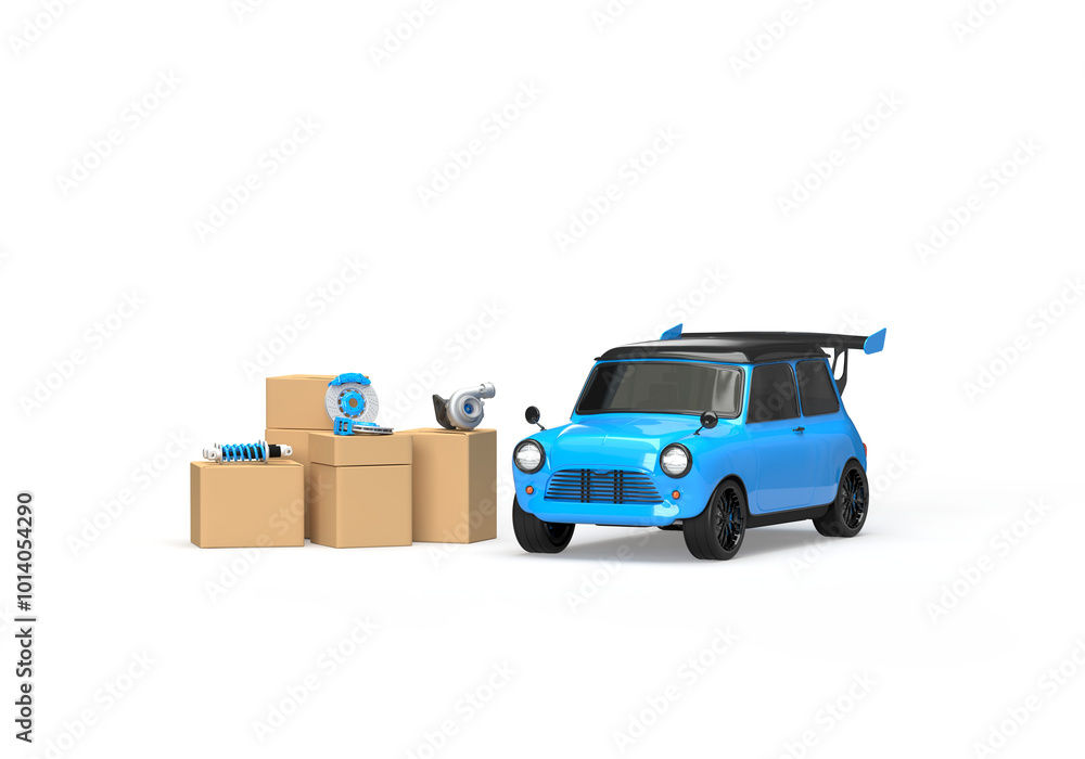Car parts, boxes and a tuned car. Turbine, brake discs, brake caliper ...