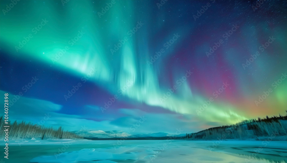 Cartoon like view of Northern Lights, Aurora Borealis, over mountains ...