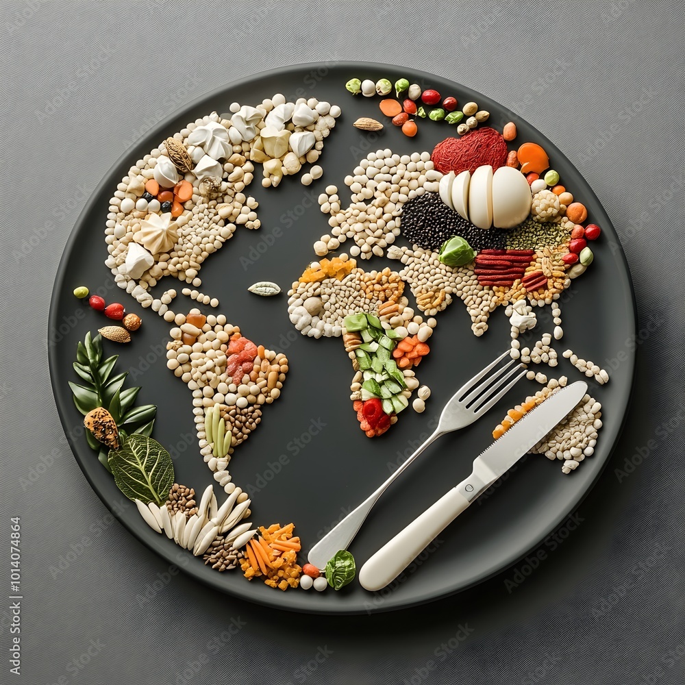 Culinary World Map A visually striking plate presenting a detailed ...