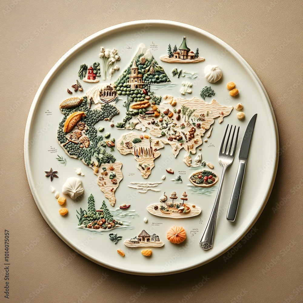 Intricate Culinary Cartography A porcelain plate showcasing a detailed ...