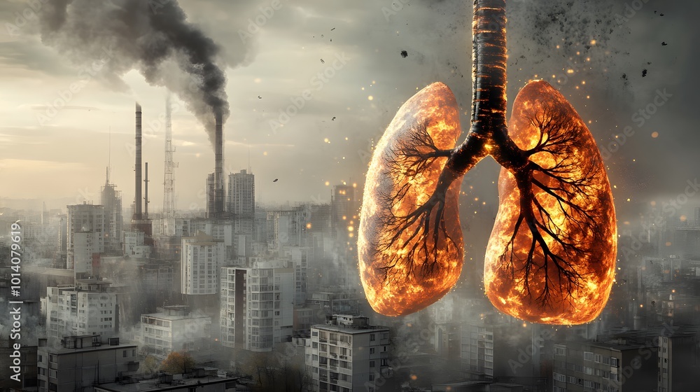 Unhealthy lungs depicted with poor air quality and Smoker's lung ...